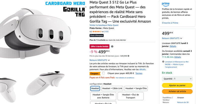 Meta Quest 3 : baisse de prix 512 Go sur Amazon avant 2024 | 1001infos
